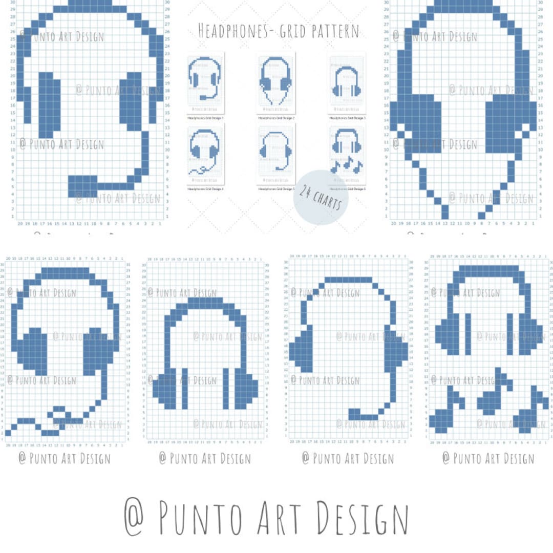 GRID PATTERN 24 CHARTS Headphones Set Design Mosaic Crochet Pattern C2C ...