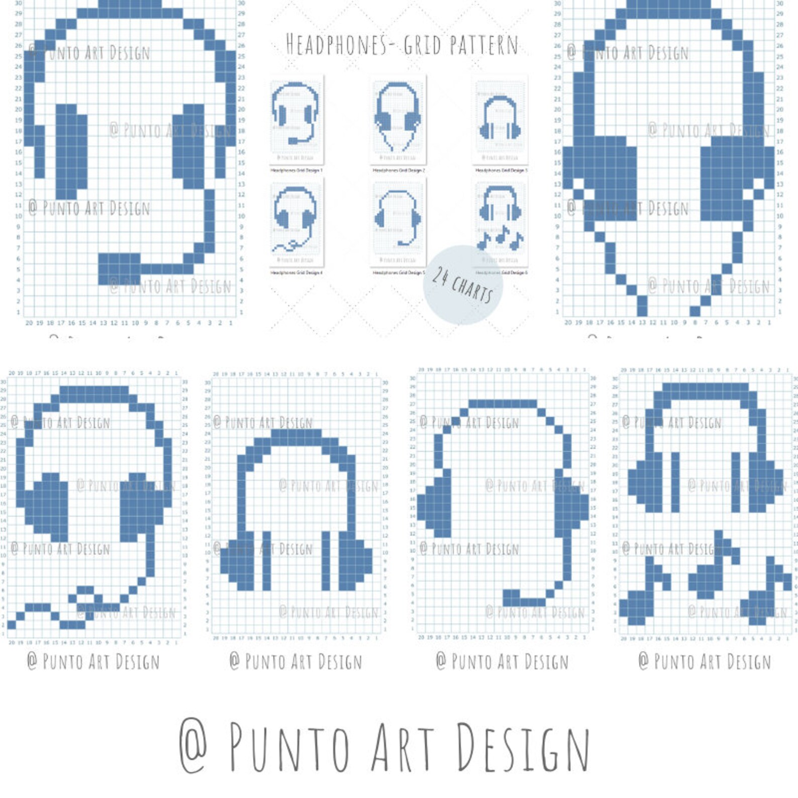 GRID PATTERN 24 CHARTS Headphones Set Design Mosaic Crochet Pattern C2C ...