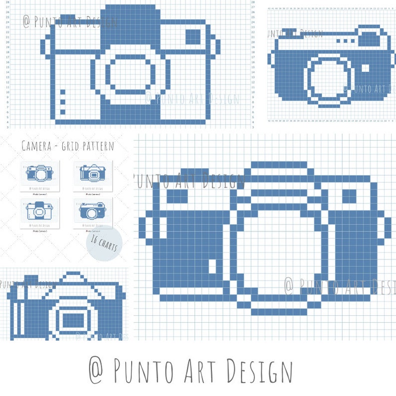 GRID PATTERN 16 CHARTS Photo Camera Design Graph for Knitting and ...