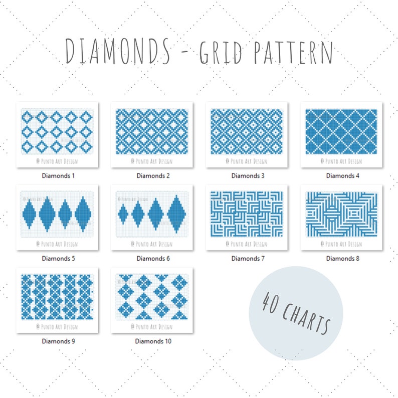 GRID PATTERN 40 CHARTS Diamonds Design Mosaic Crochet Pattern C2C ...
