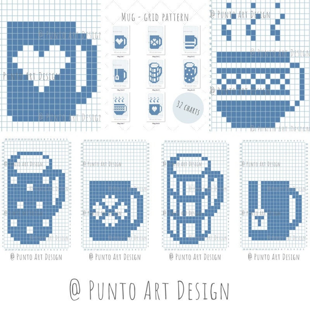 GRID PATTERN 32 CHARTS Mug Design Mosaic Crochet Pattern C2C Graphgan ...