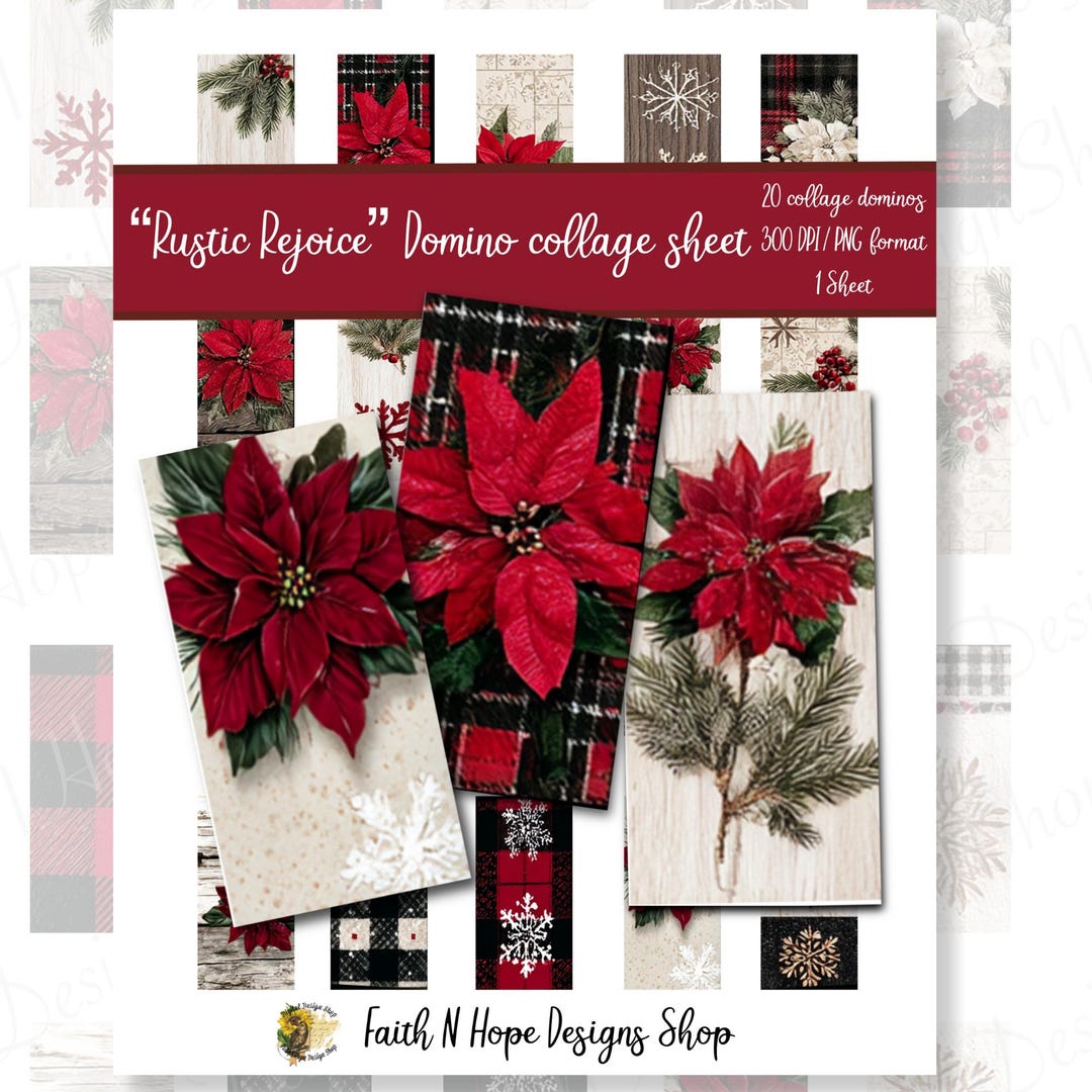 Rustic Christmas Domino Collage Sheet Red Poinsettia Buffalo Plaid Wood ...