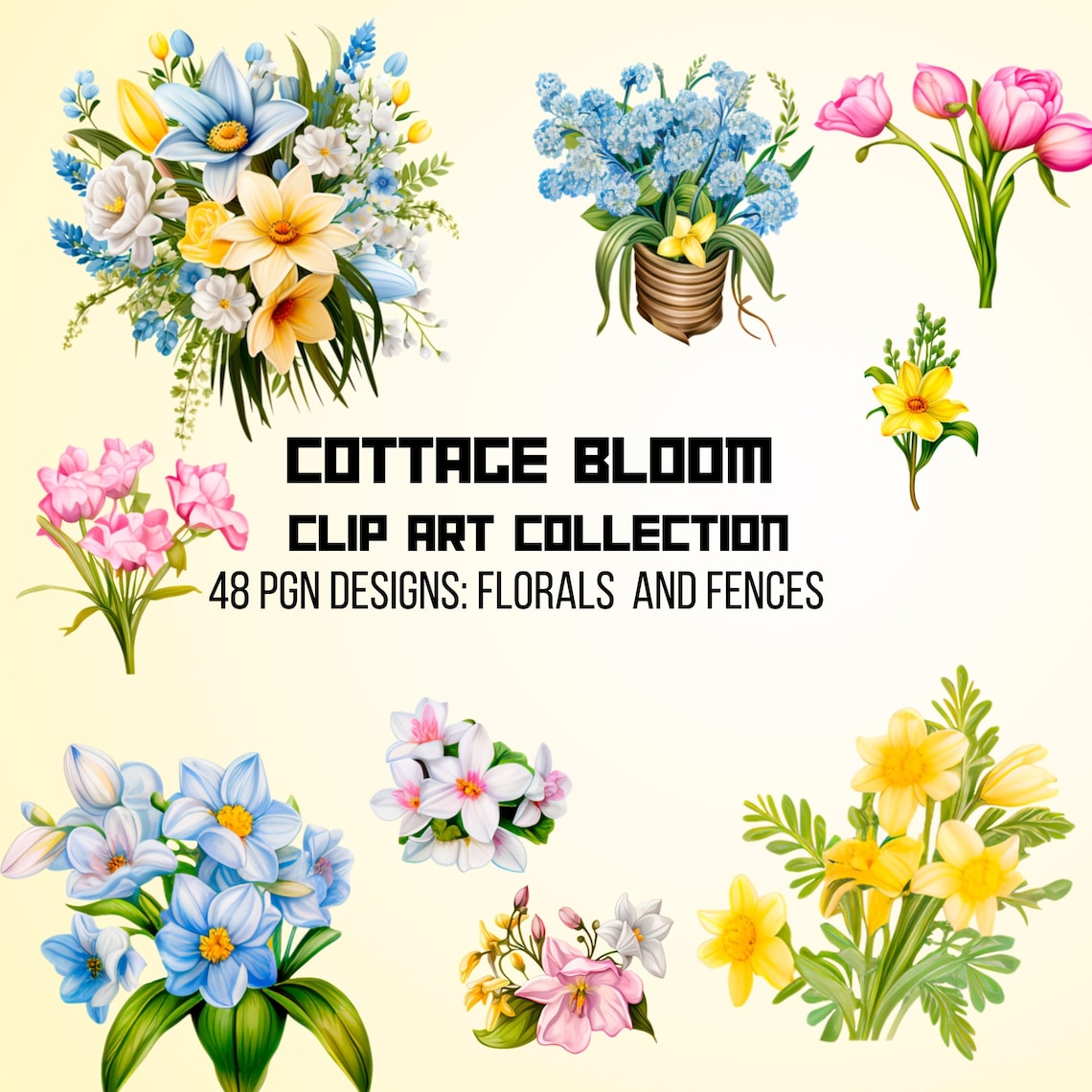 Cottage Floral Clip Art, Spring Flowers,fences, Ephemera, Spring ...