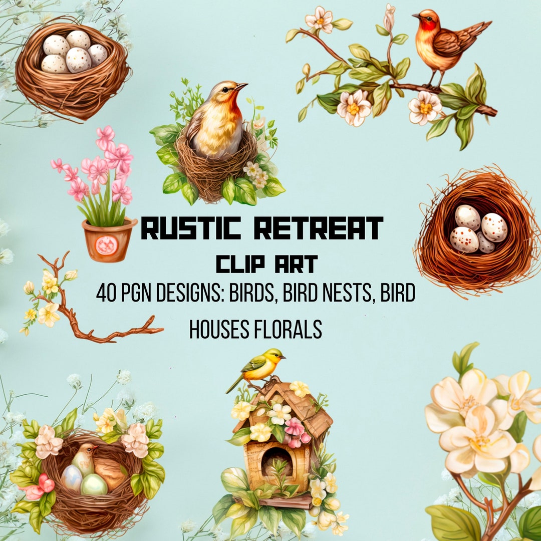 Cottage Core Clip Art, Birds, Bird House, Bird Nests, Flowers, Spring ...