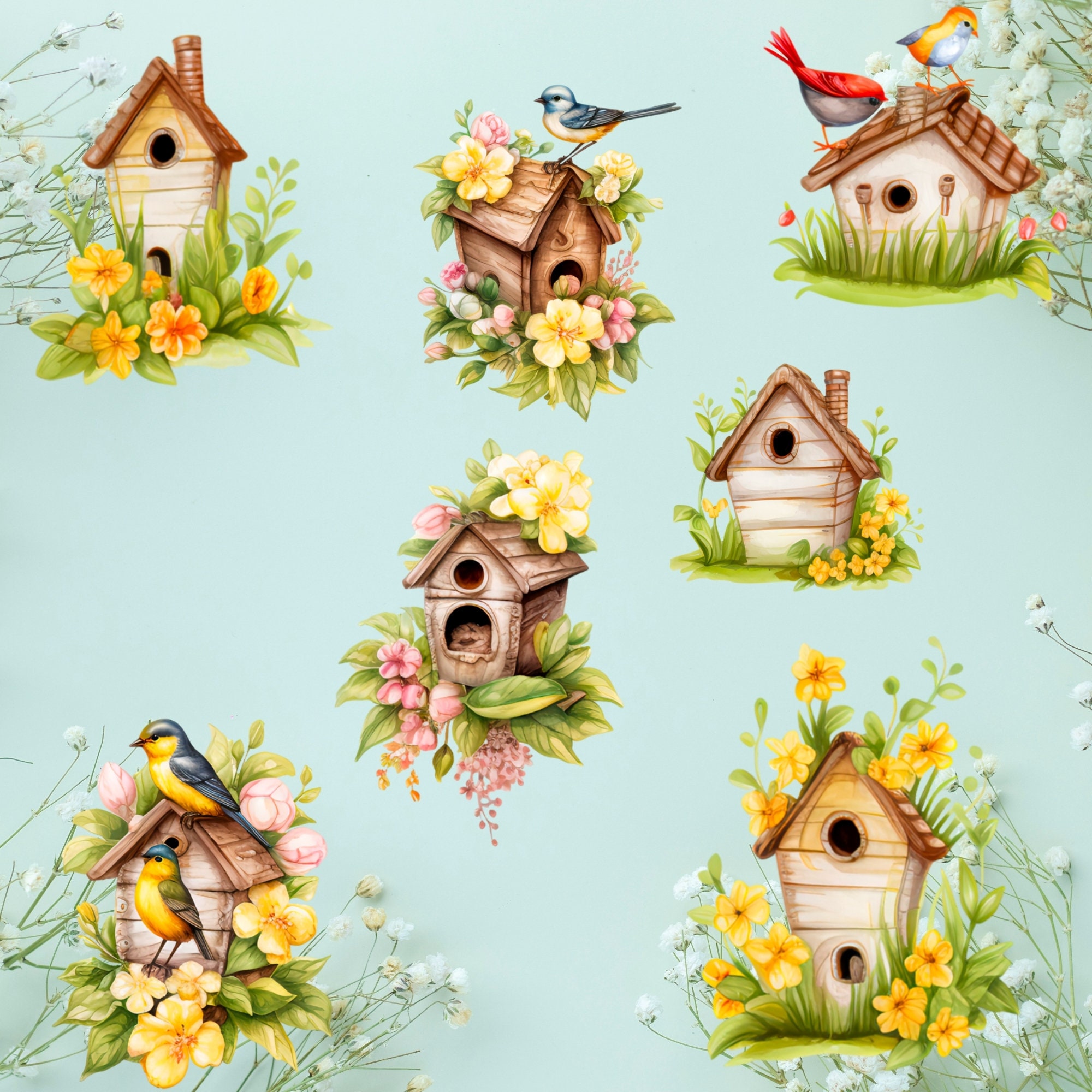 Cottage Core Clip Art, Birds, Bird House, Bird Nests, Flowers, Spring ...