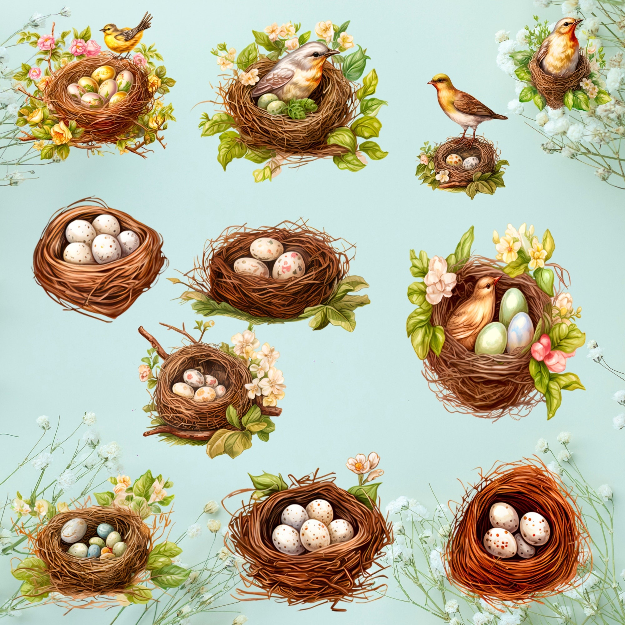 Cottage Core Clip Art, Birds, Bird House, Bird Nests, Flowers, Spring ...