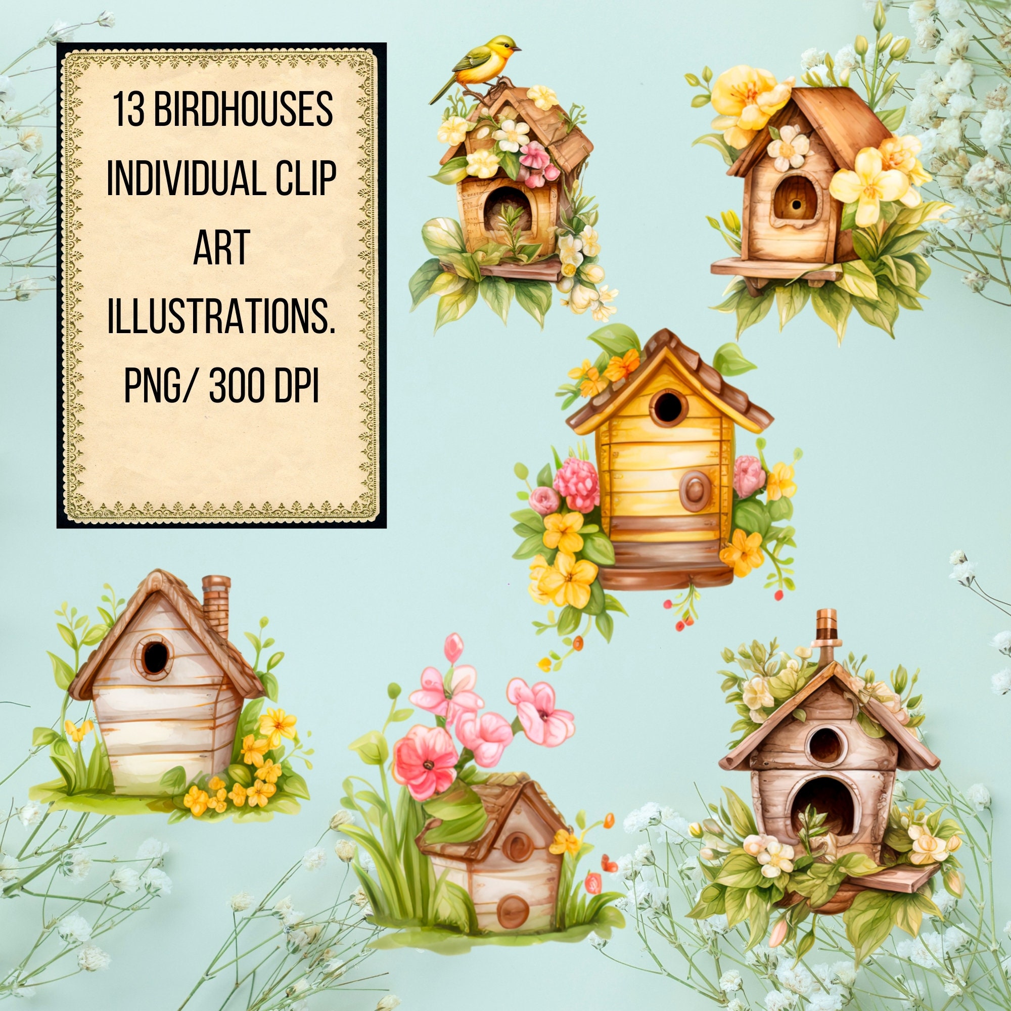 Cottage Core Clip Art, Birds, Bird House, Bird Nests, Flowers, Spring ...