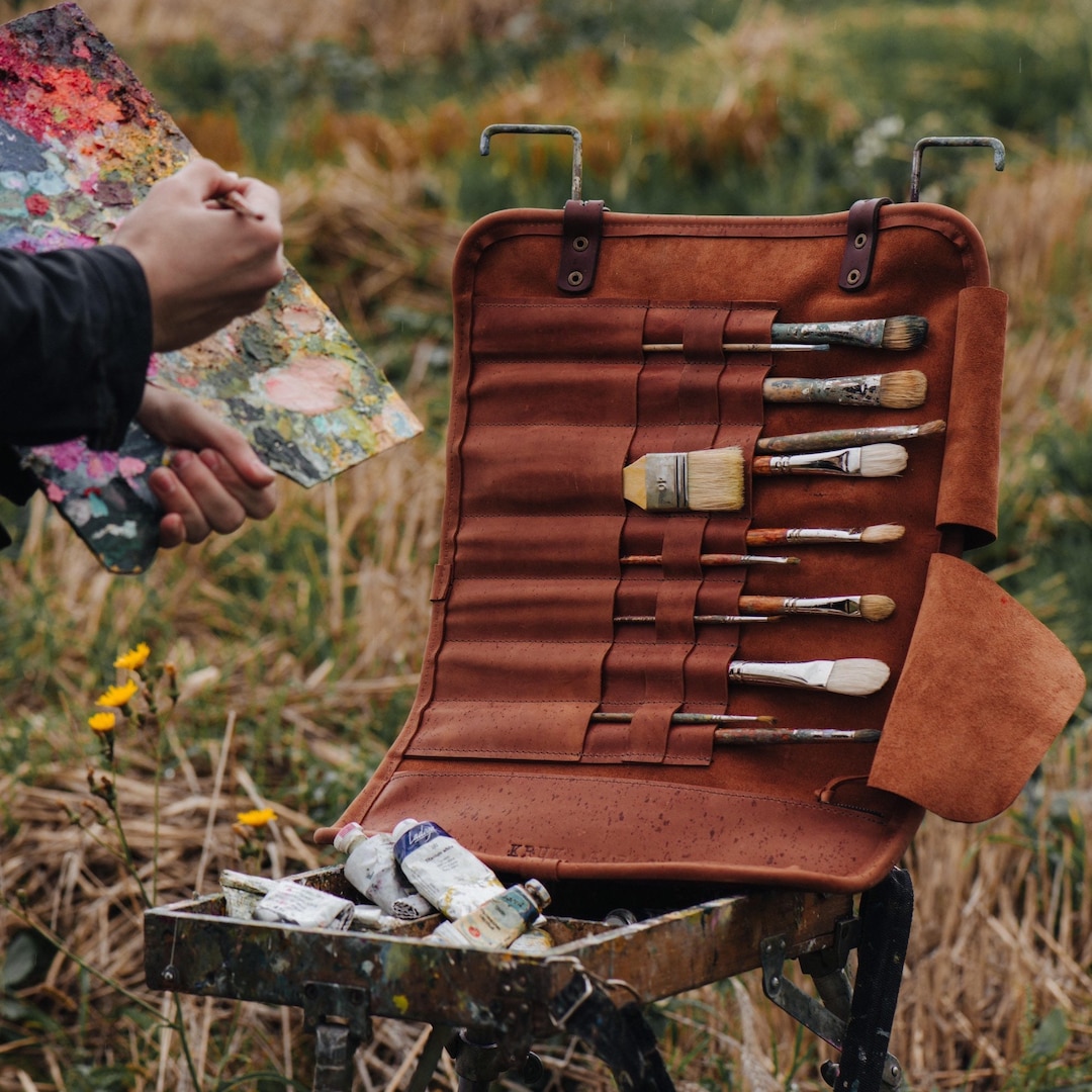 Artist Gift Leather Brush Roll Case Stationary Storage Art Paint Brush ...