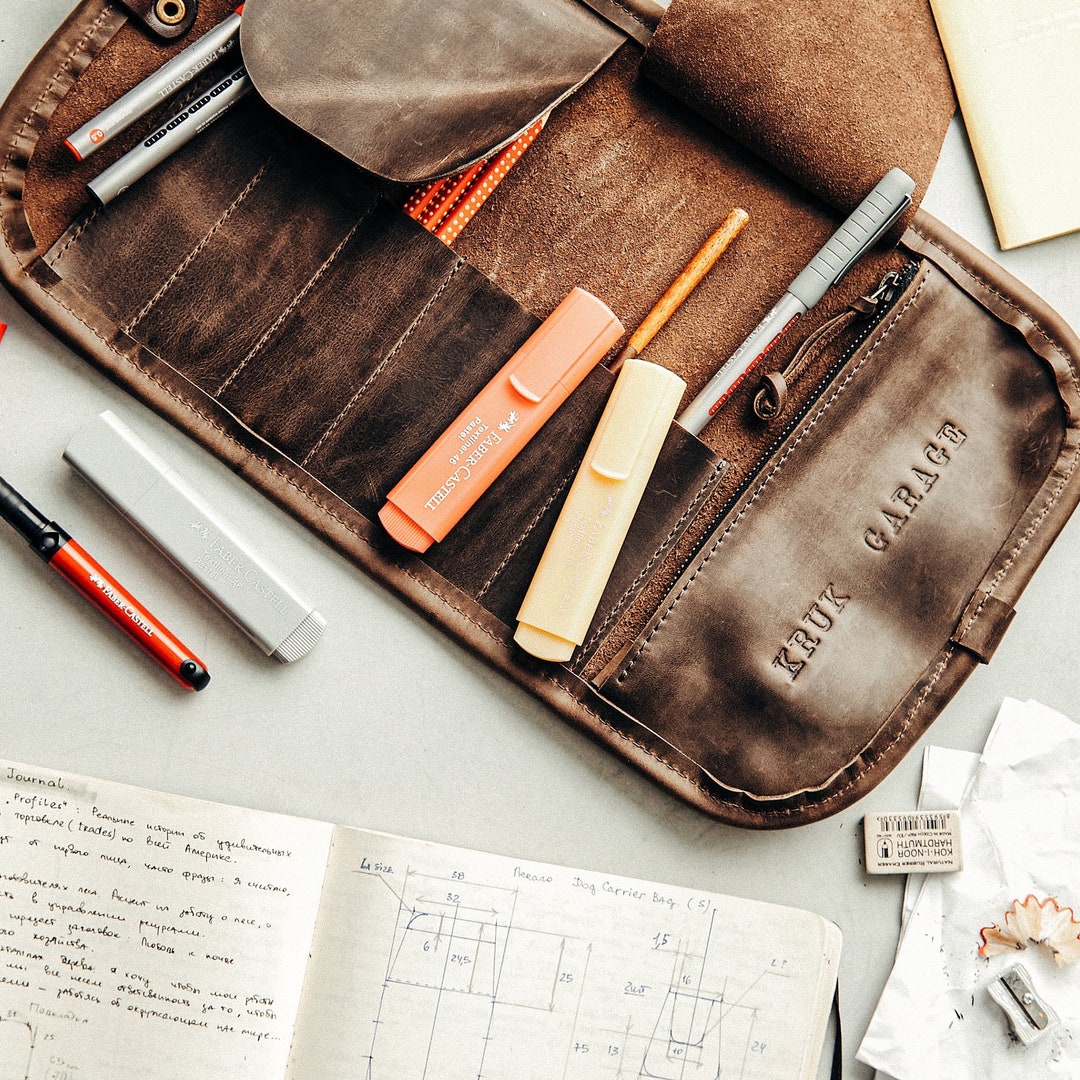 Stationery Roll Artist Organizer Roll up Pencils Case Leather Pen Roll ...