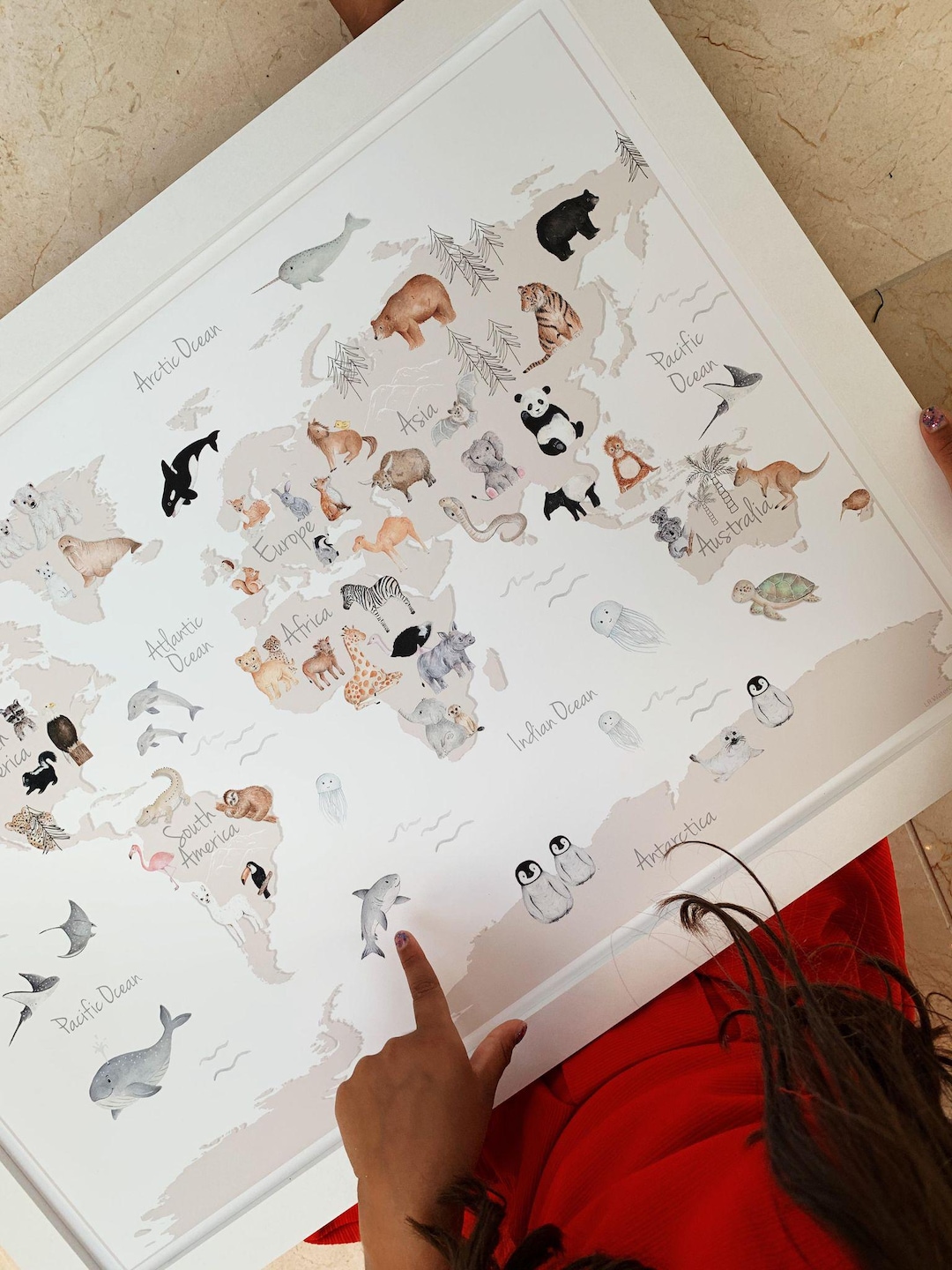 A2 World Map Fine Art Print, World Map, Animals of the World ...