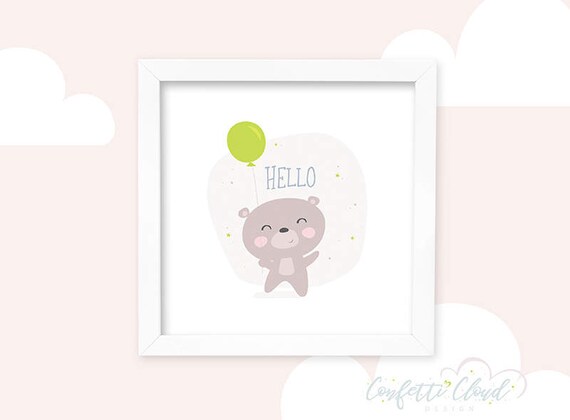 Hello Teddy Bear & Balloon Printable Picture Cute Nursery | Etsy
