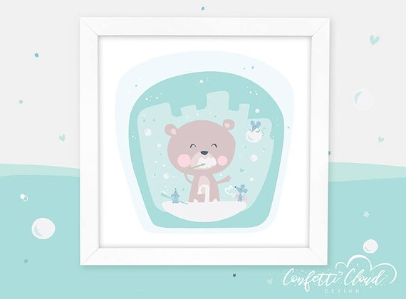 Cute Teddy Bear Brushing Teeth Printable Picture Nursery Wall | Etsy
