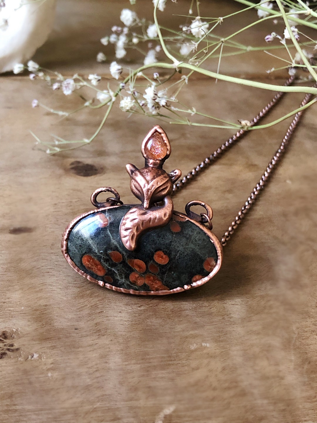 Natural Peanut Obsidian With Sunstone Gemstone Necklace Fox Pendant ...