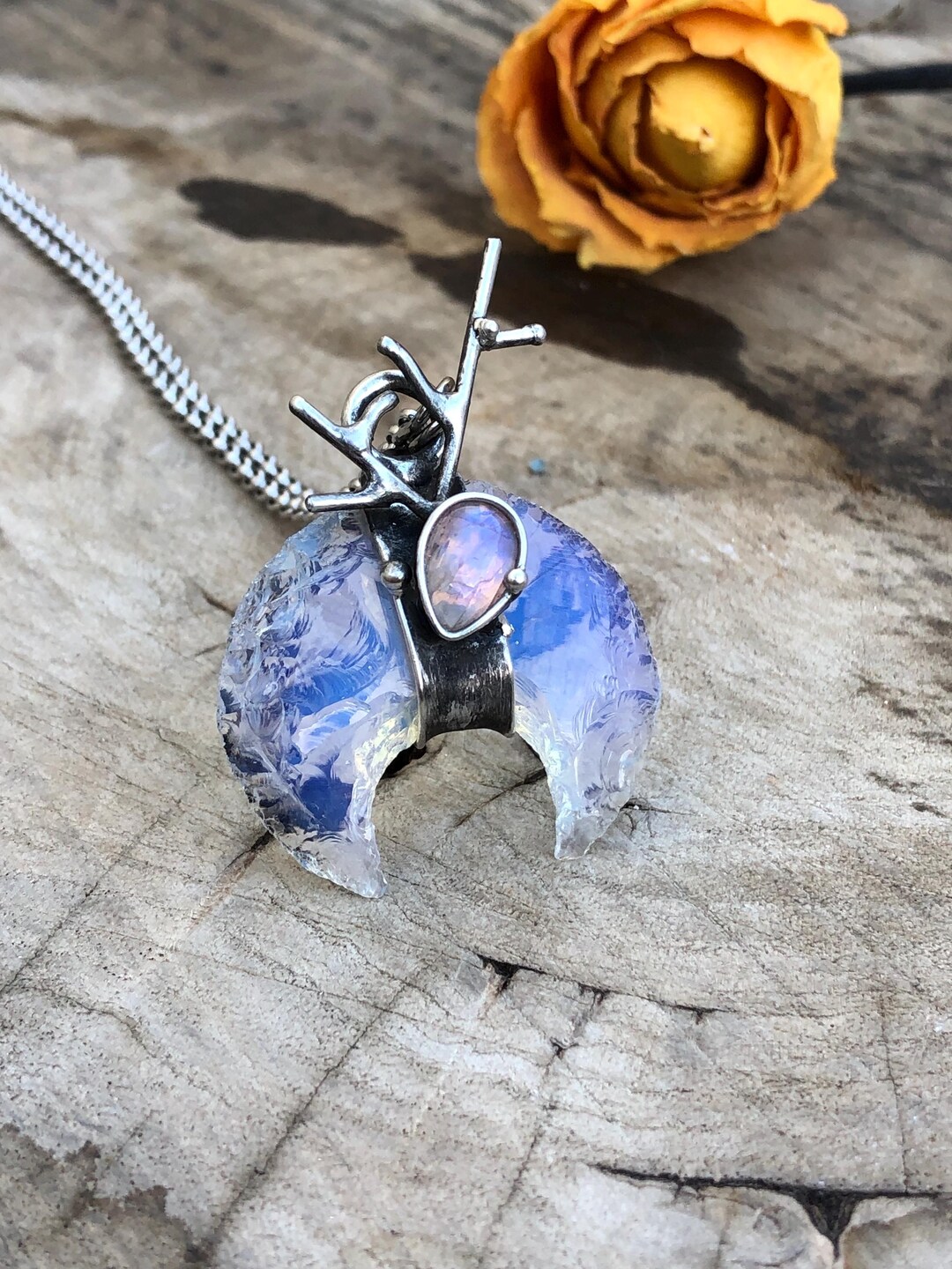 Opalite Crescent Moon and Flashy Moonstone • One of A Kind • Metalwork ...