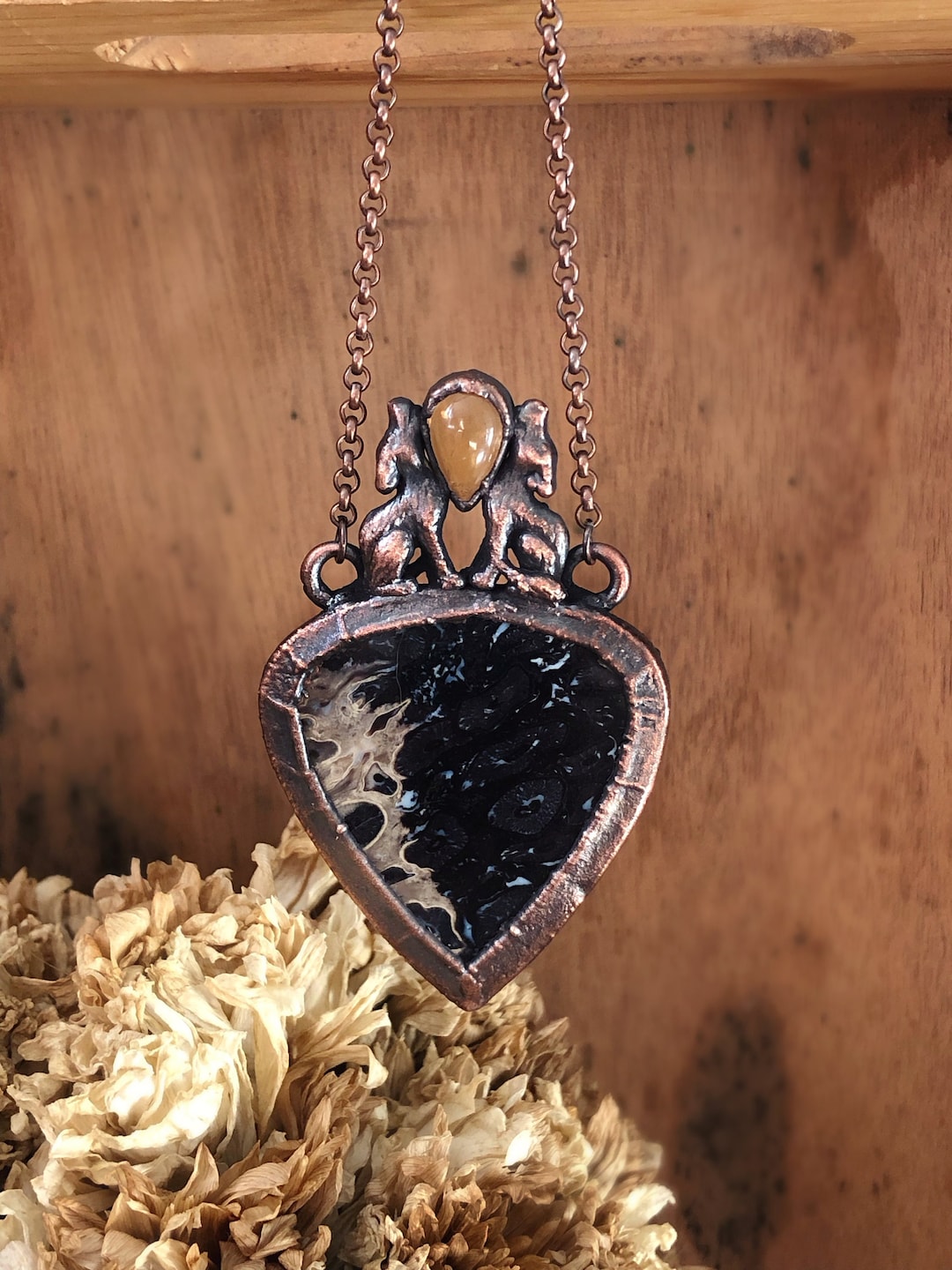 Fossil Palm Root, Citrine Gemstone and Wolf Charms • Electroformed ...