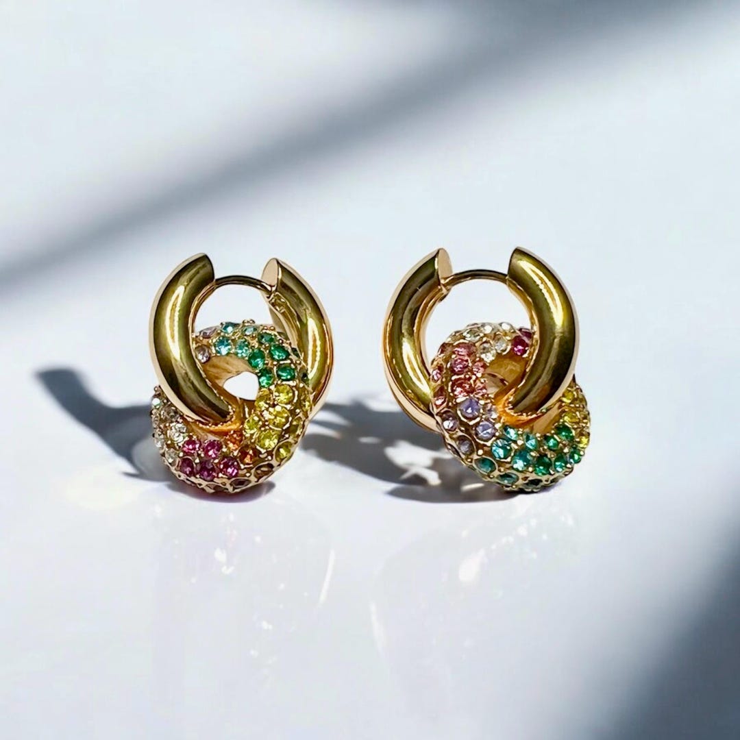Chunky Rainbow Huggies, Rainbow 18k Gold Plated Stainless Steel ...