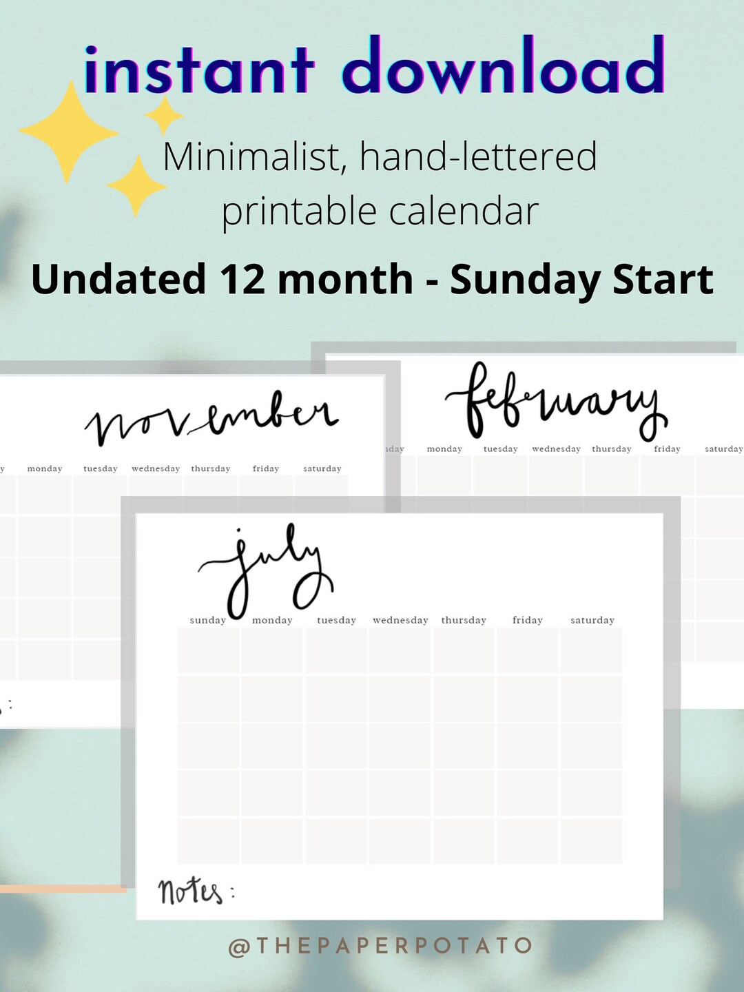 Undated 12 Month Printable Calendar [instant PDF Download] Minimalist ...