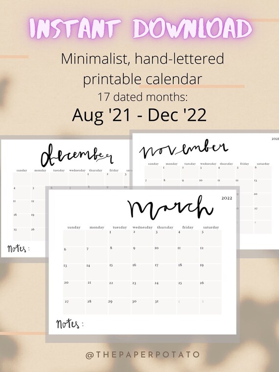 Printable Minimalist Calendar instant PDF Download Dated Aug - Etsy