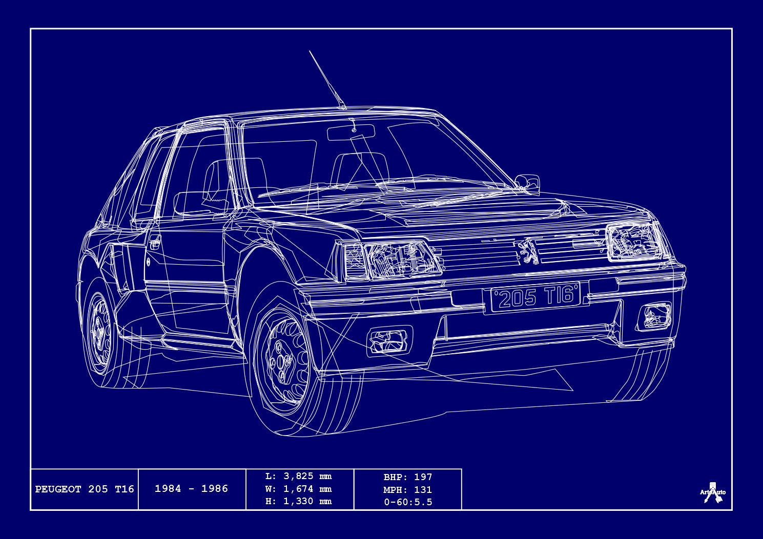 POSTER PEUGEOT 205 T16 BLUEPRINT Vector Art Highly - Etsy