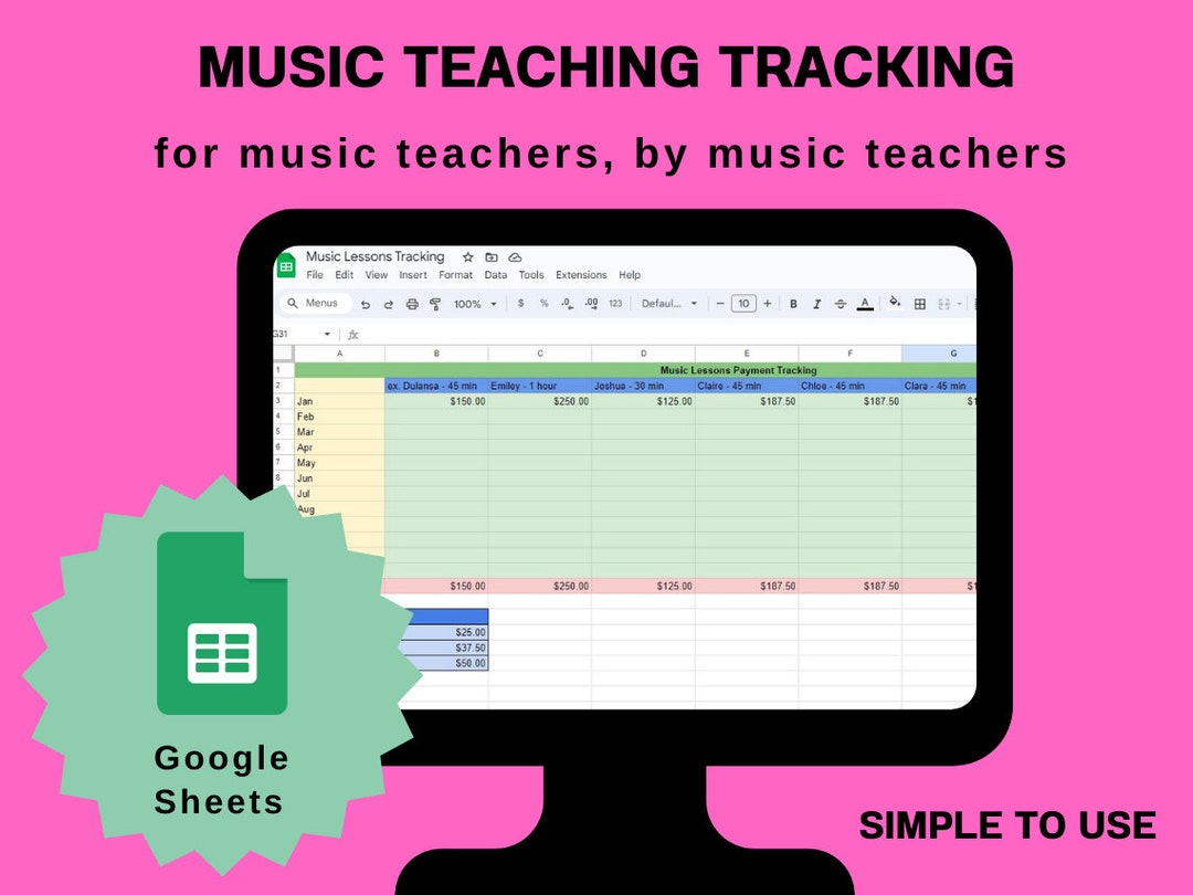 Music Teaching Tracker Google Sheets Spreadsheet Payment Tracking ...