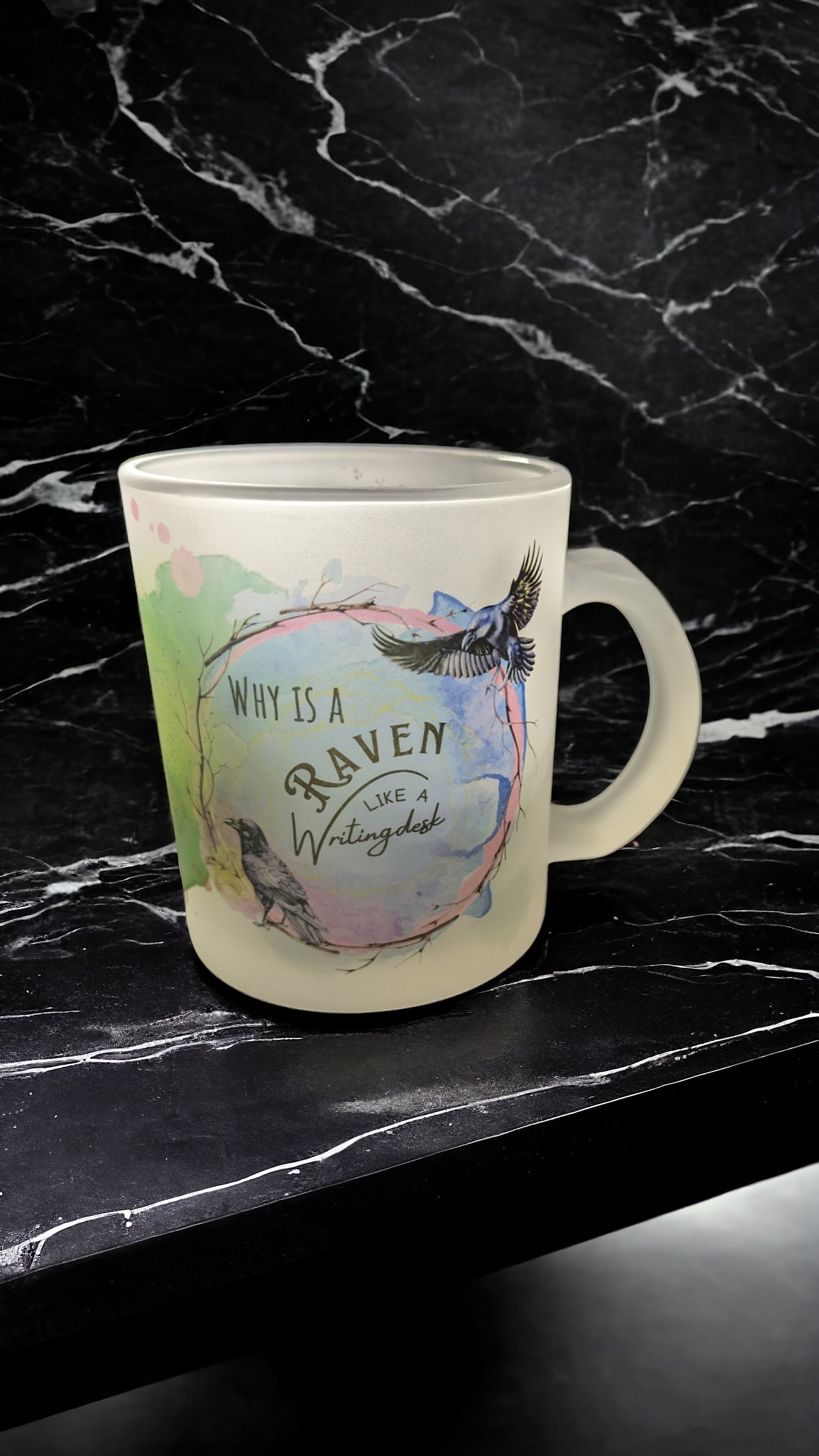 Stained Glass Mug With Raven and Skull, Frosty Glass Milk Glass With ...