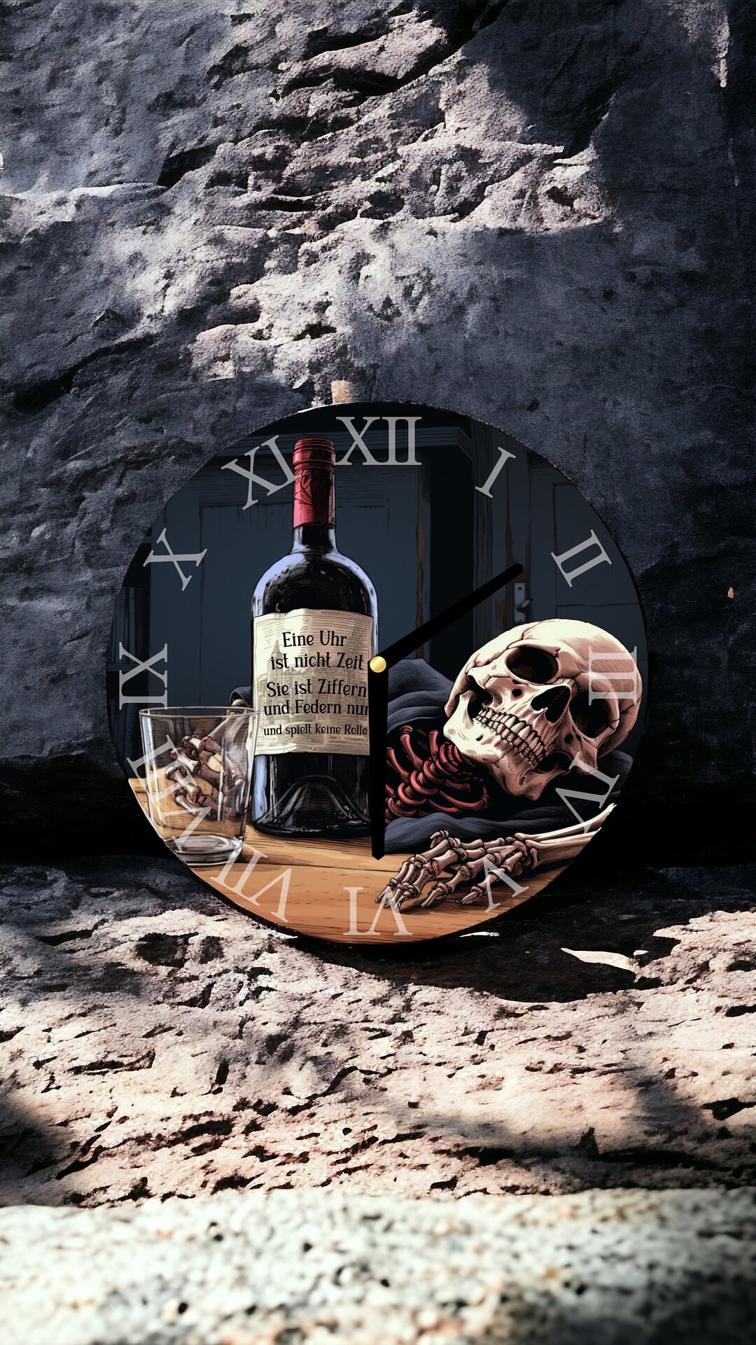 Glass Wall Clock in Gothic Style With Skeleton and Wine Bottle, With ...