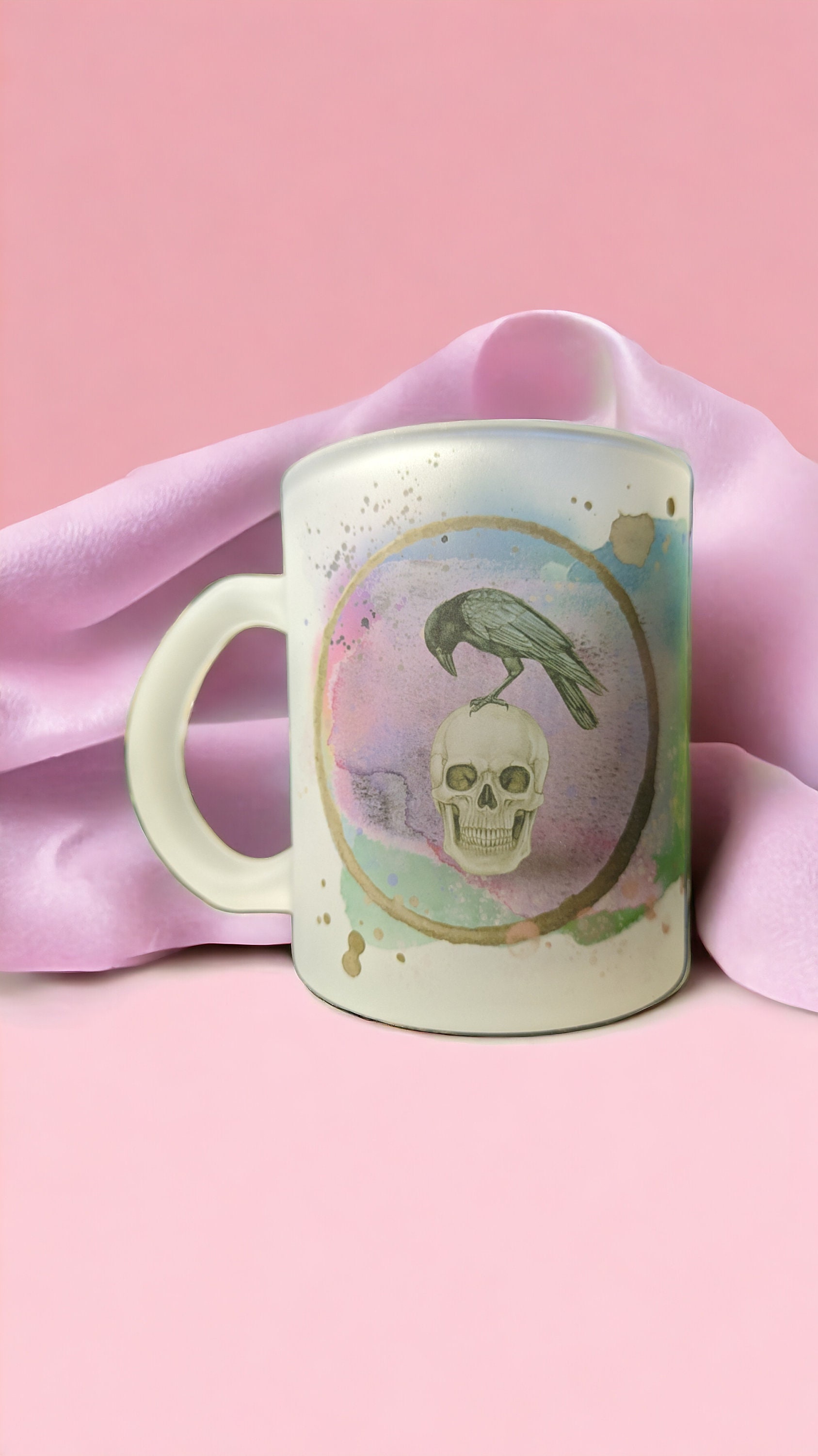 Stained Glass Mug With Raven and Skull, Frosty Glass Milk Glass With ...