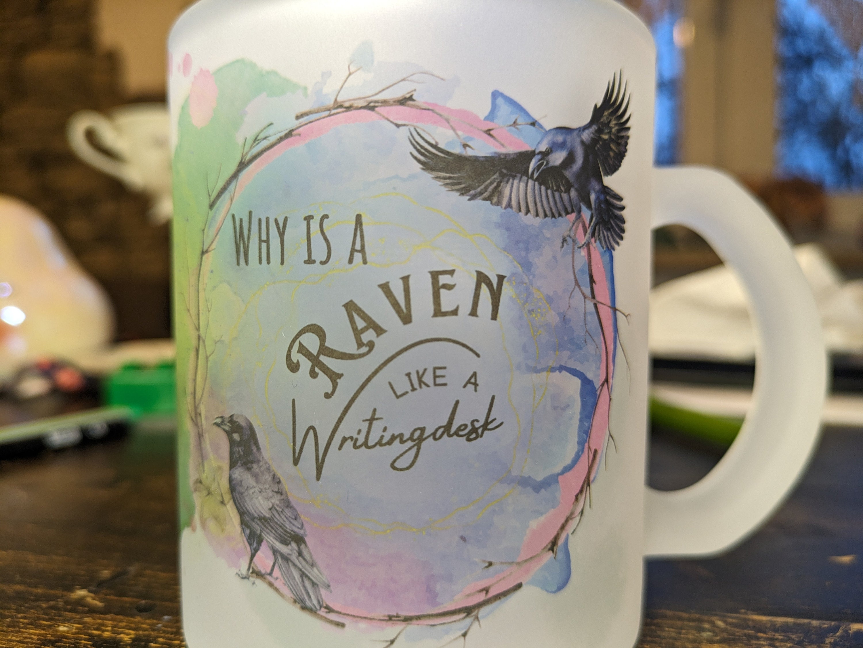 Stained Glass Mug With Raven and Skull, Frosty Glass Milk Glass With ...