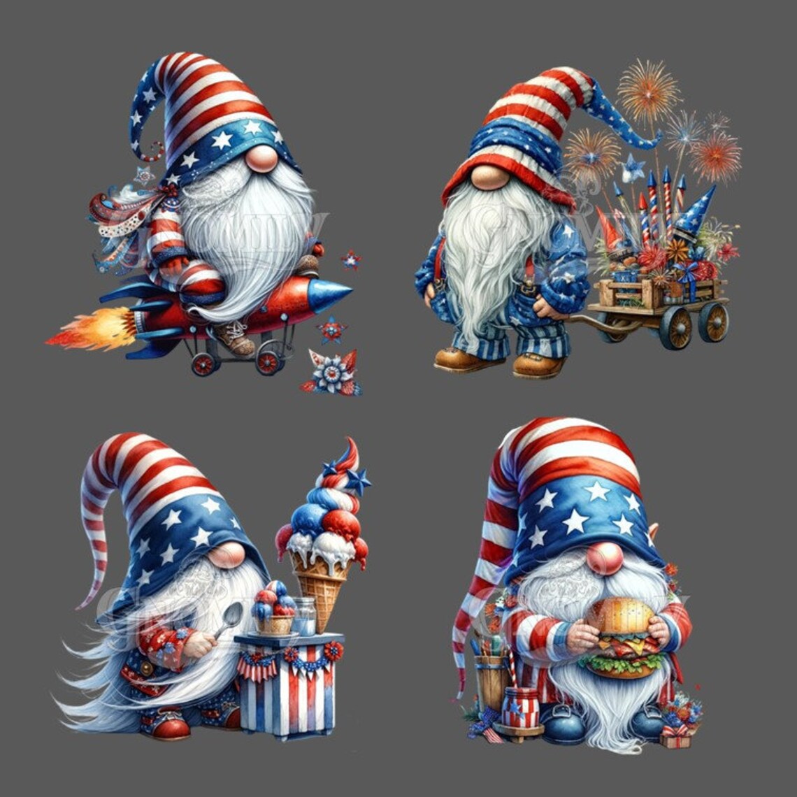 Patriotic Gnome Bundle, Watercolor Clipart, 15 PNG File, American ...