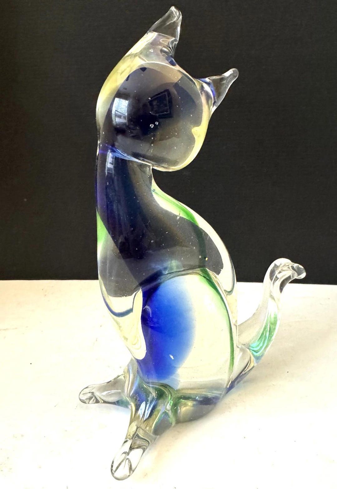 Vintage Murano Hand Blown Blue & Green Glass Cat Figurine 8.5 in MCM ...