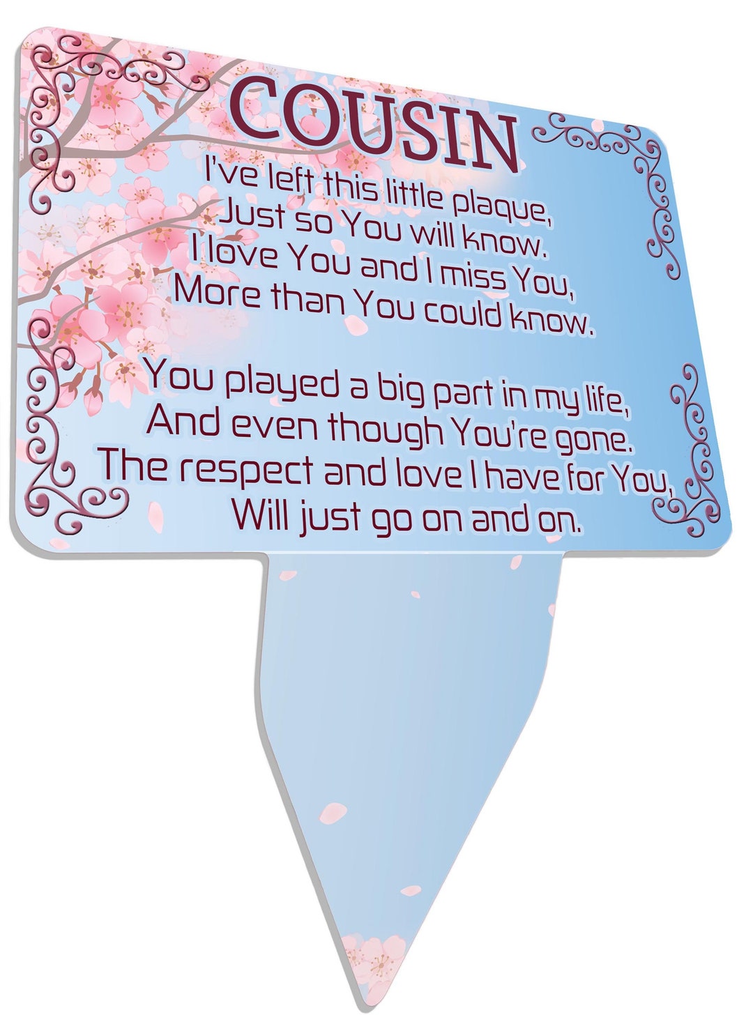 Cousin Memorial Plaque & Stake - Spike. Cherry Blossom, Garden, Grave ...