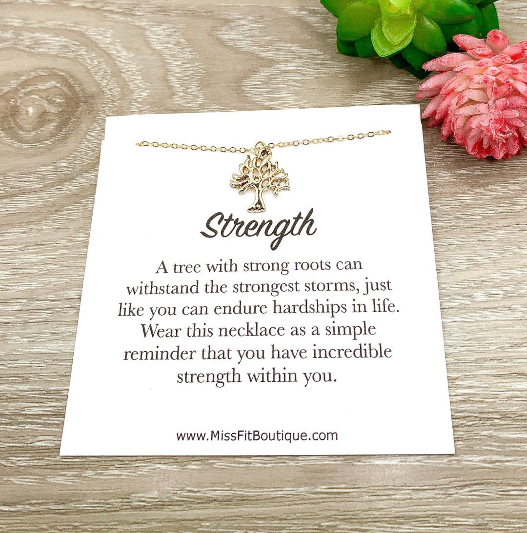 Tiny Tree Necklace, Strength Jewelry, A Tree With Strong Roots Quote, Inspirational Card, Nature ...