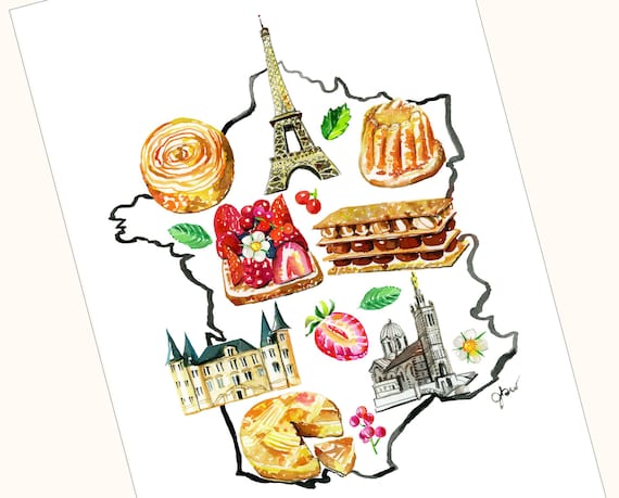 Foodie Map of France / A Digital Watercolor Print for the | Etsy