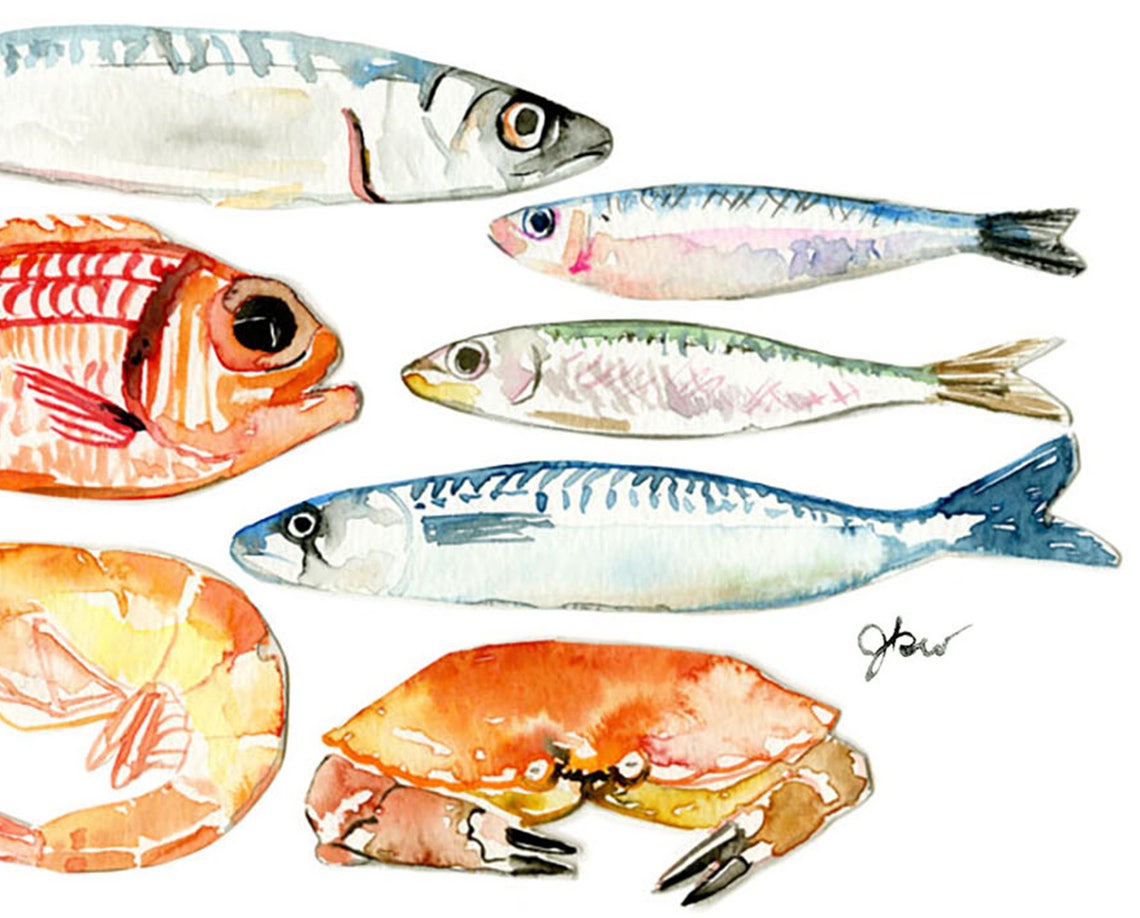 Friendly Fish: a Watercolor Food Digital Print for Any Kitchen Wall - Etsy