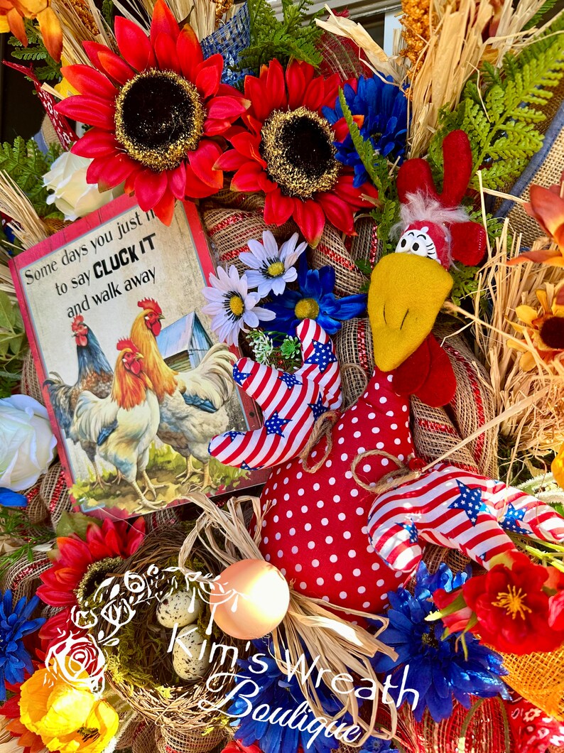 Whimsical Rooster Summer Wreath: Bright Florals & Burlap Ribbons - Etsy
