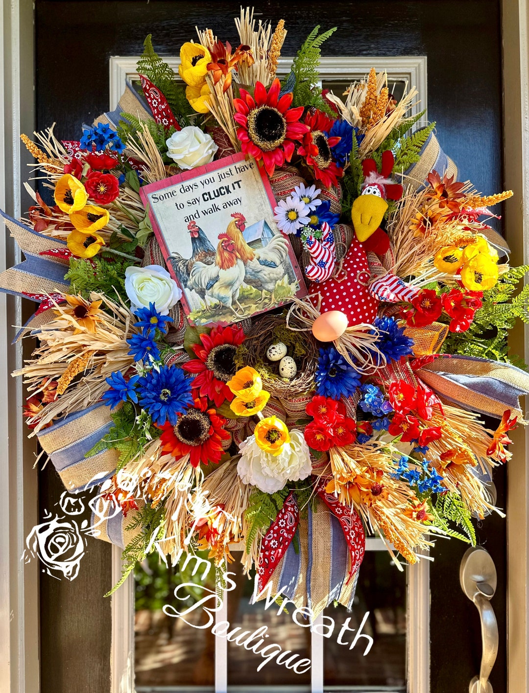 Whimsical Rooster Summer Wreath: Bright Florals & Burlap Ribbons - Etsy