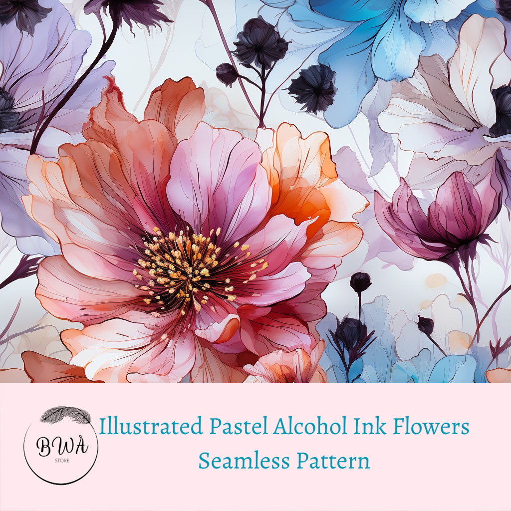 Illustrated Pastel Alcohol Ink Flowers Seamless Pattern, Digital Papers ...