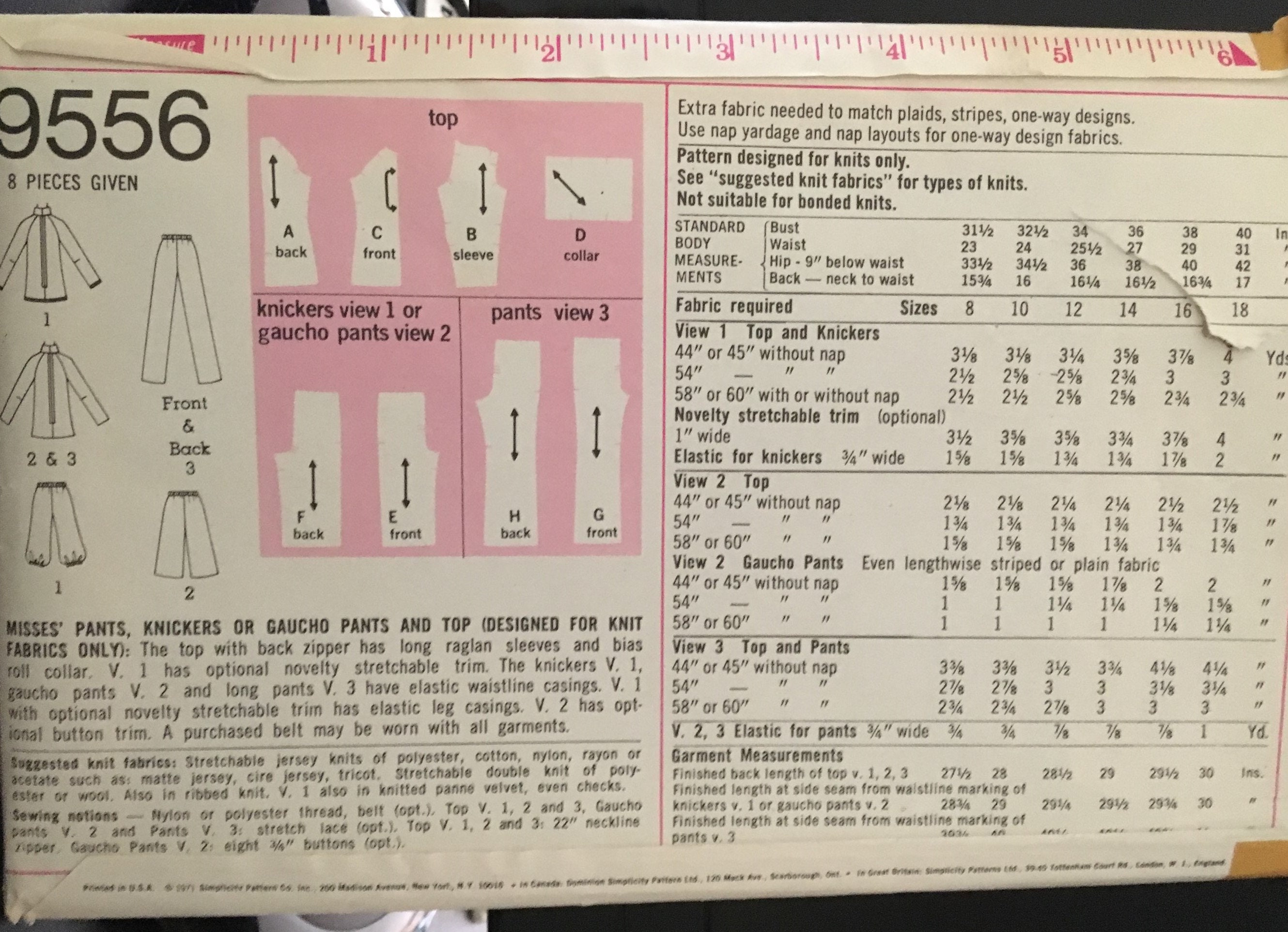 Simplicity Pattern #9556 VINTAGE Misses Pants, Knickers, or Gaucho ...