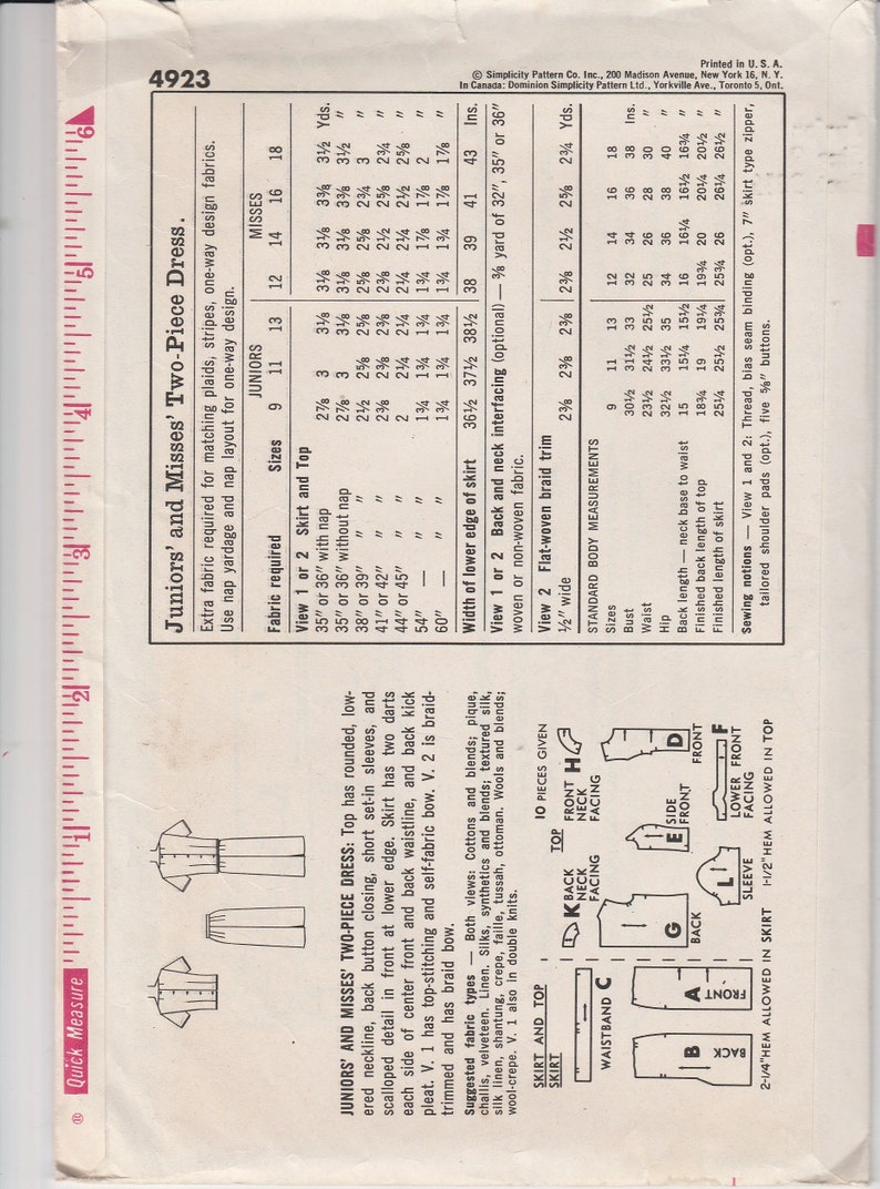 Simplicity 4923 Vintage Dress Pattern for Misses Two Piece Size 9 - Etsy