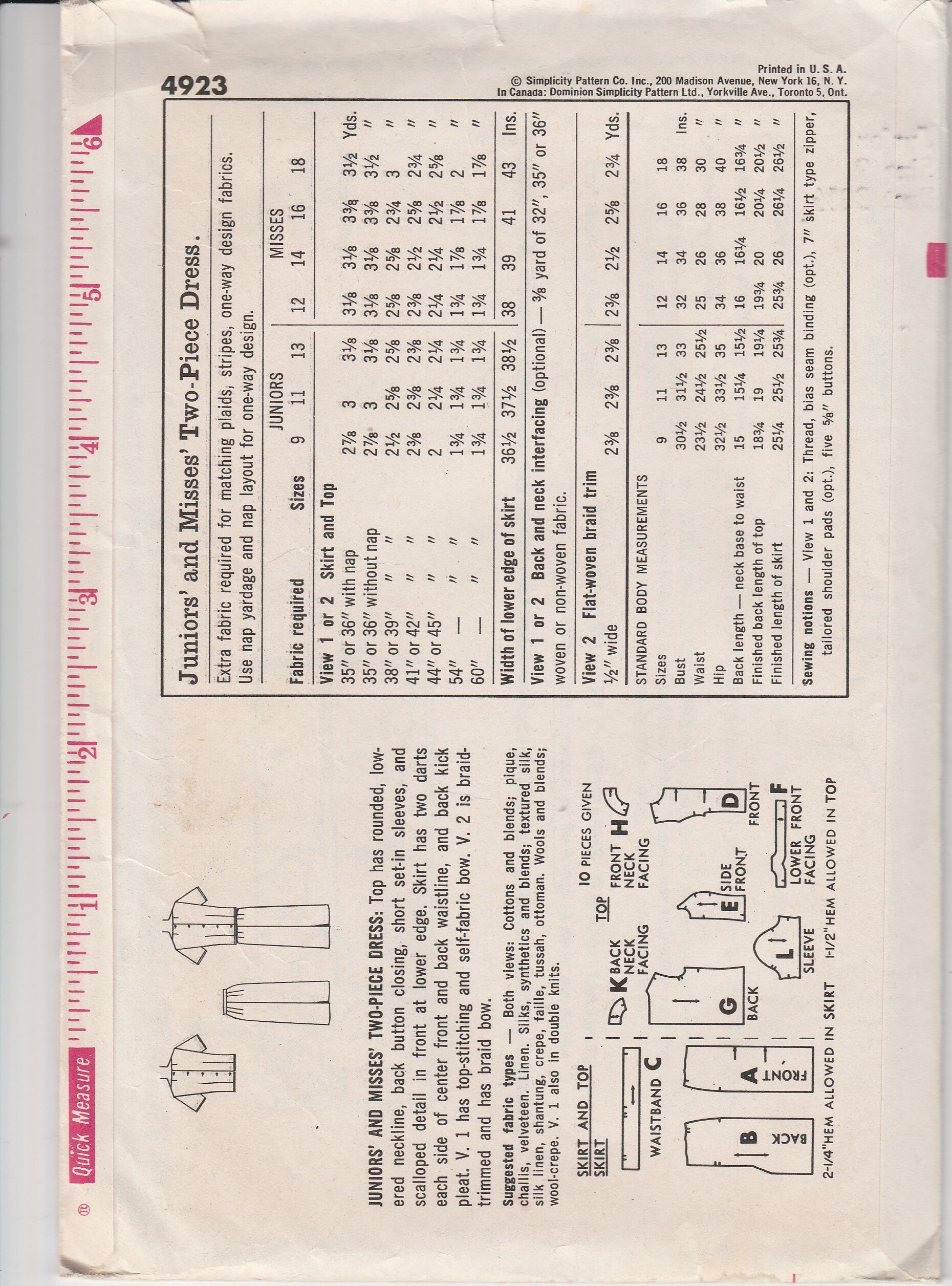Simplicity 4923 Vintage Dress Pattern for Misses Two Piece Size 9 - Etsy