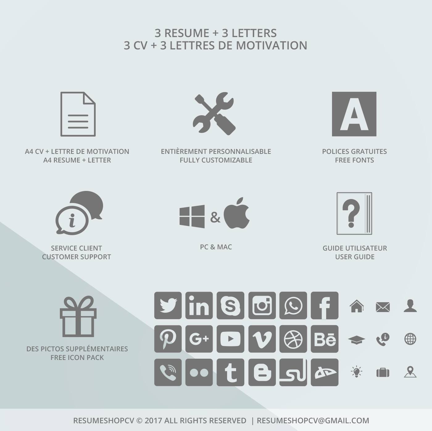 3 CV / Professional Resume, Modern and Graphic + 3 Letters + Pack of ...