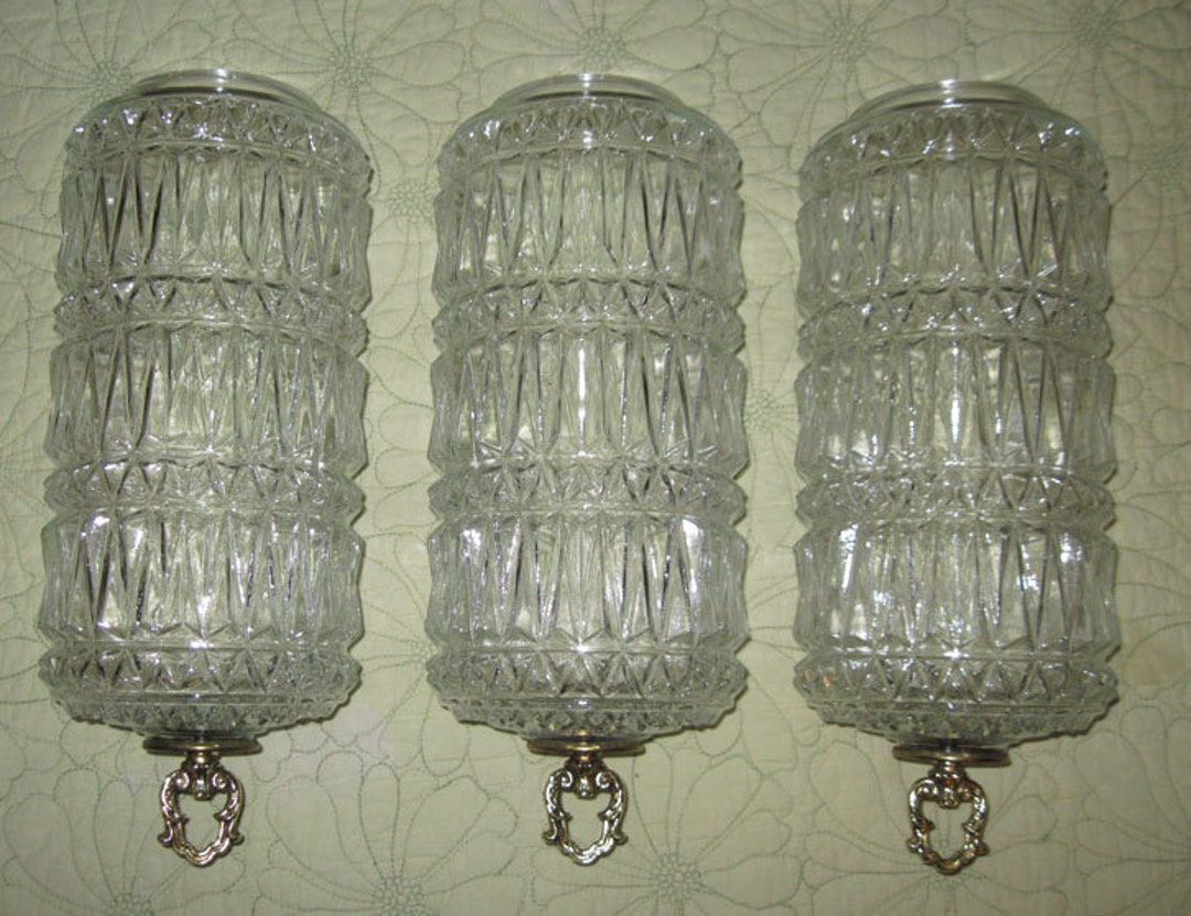 3 Faceted Glass Shades for MCM Ceiling Light Fixture Swag Tension Pole ...