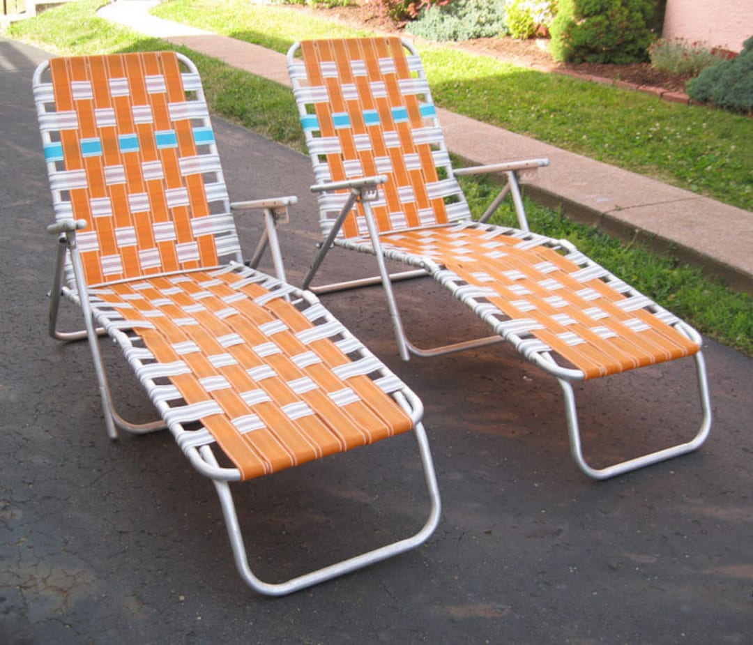 Aluminum Folding Chaise Lounge Lawn Chair Yellow Gold Webbing Retro MCM ...