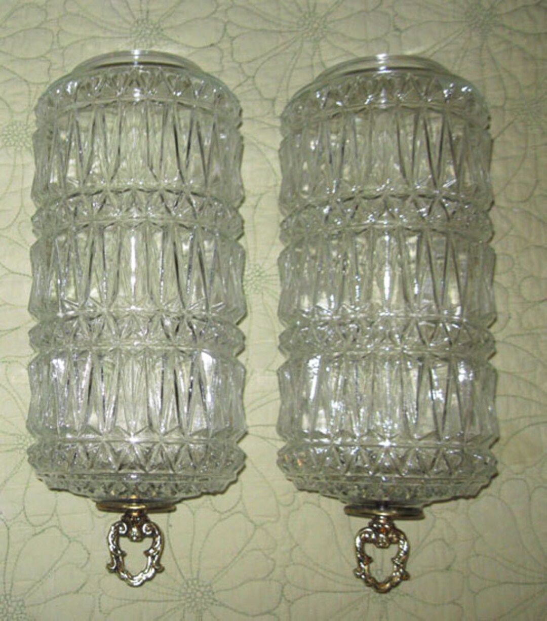 2 Faceted Glass Shades for MCM Ceiling Light Fixture Swag Tension Pole ...