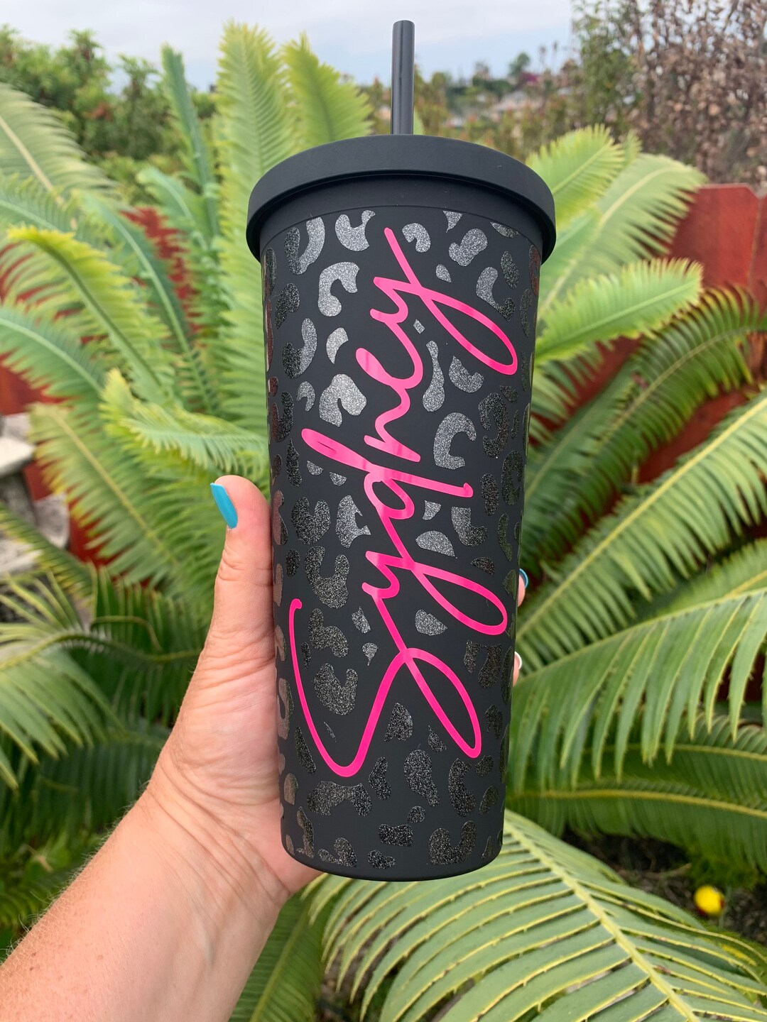 Leopard Print Personalized Matte Black Tumbler, 22oz Tumbler With Straw ...