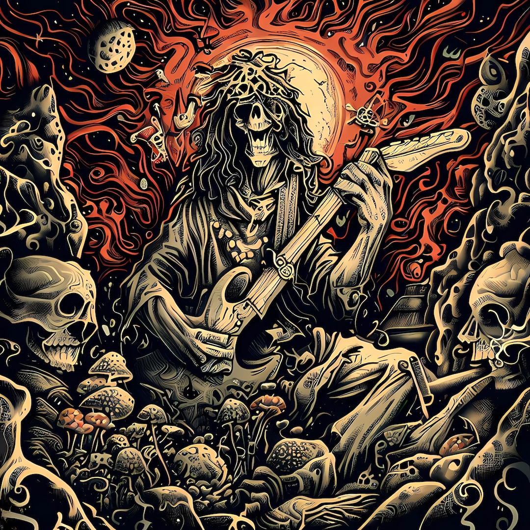 Skeleton Doom Metal Art Guitar Laying Among Skulls and - Etsy