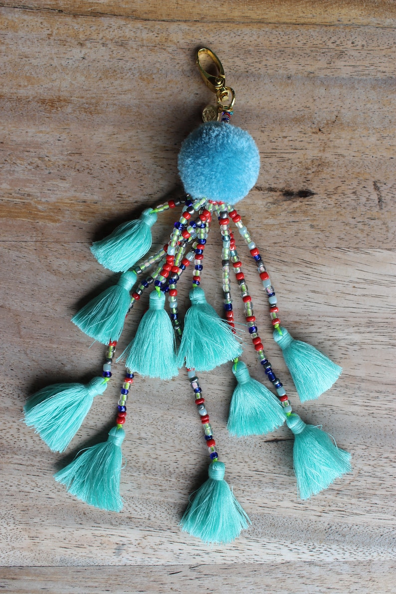 Boho Bag Charm, Bag Charm With Tassels, Pom Pom Bag Charm, Tassel ...