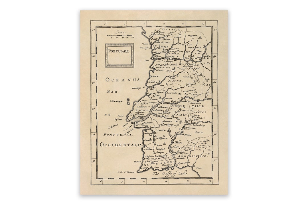 Old Map of Portugal, 17th Century Cartography Decor, Vintage Style ...