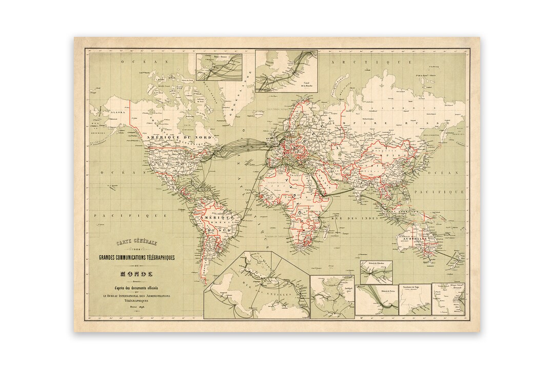 Telegraph Lines World Map, 19th Century Cartography Home Decor, Vintage ...