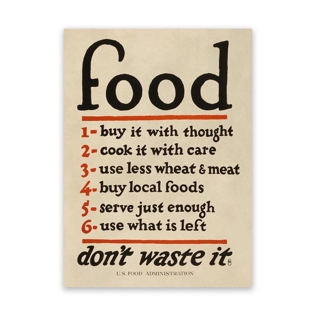 Food Conservation Wartime Rationing Poster, Mid Century Kitchen Home ...